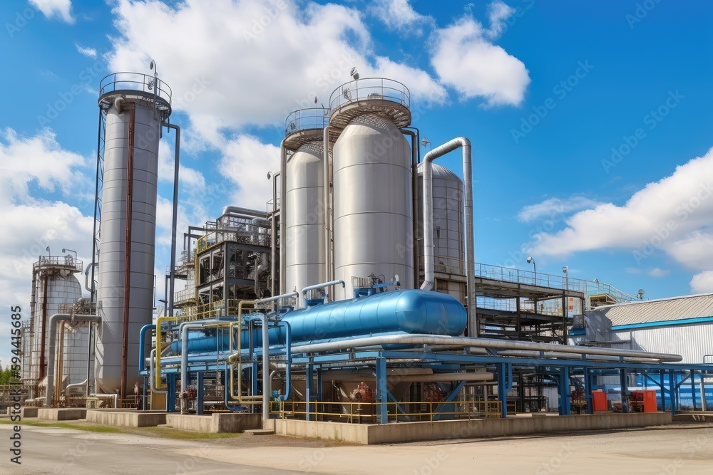 chemical plant, with pipes and tanks delivering raw materials and ...