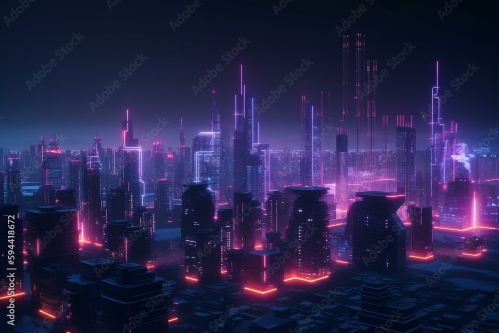 A futuristic night city in the distance glowing with neon light ...