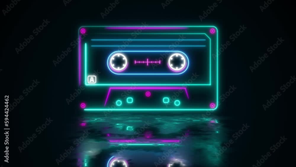Neon cassette on reflective wet floor, lights up and goes out. Cassette ... Neon cassette on reflective wet floor, lights up and goes out. Cassette ...