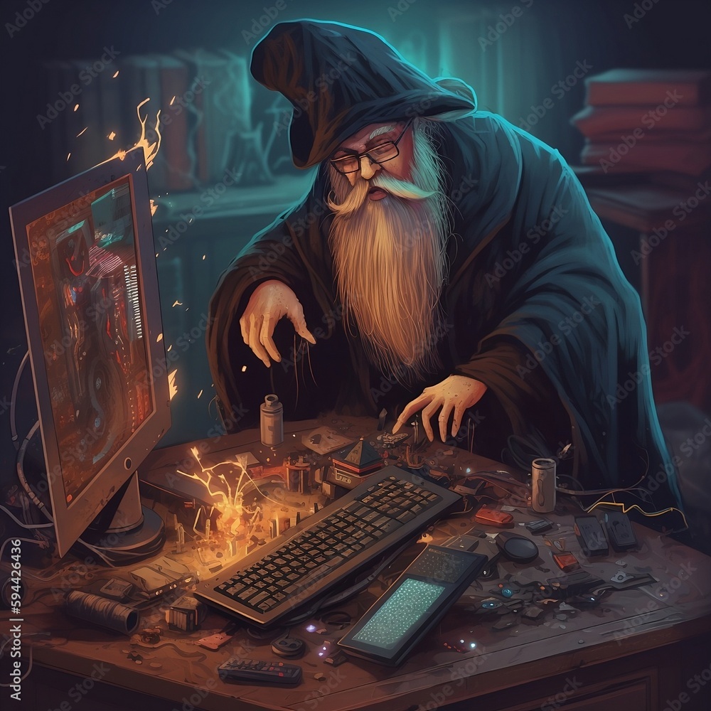 ภาพประกอบสต็อก A wizard trying to use magic to fix a broken computer ...