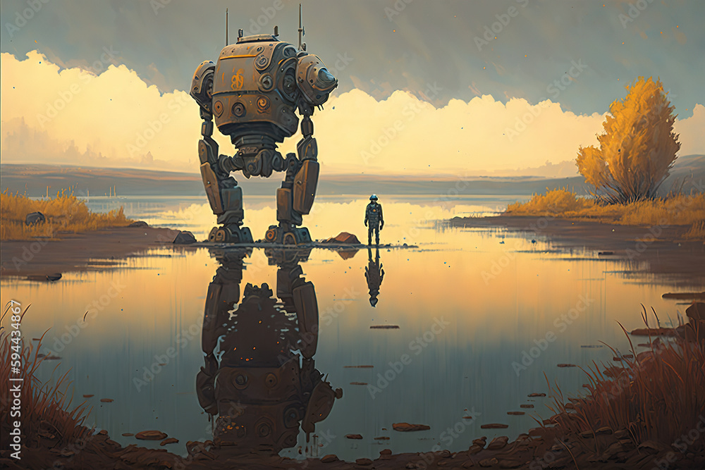 a painting of a robot standing in front of a body of water, futuristic ...
