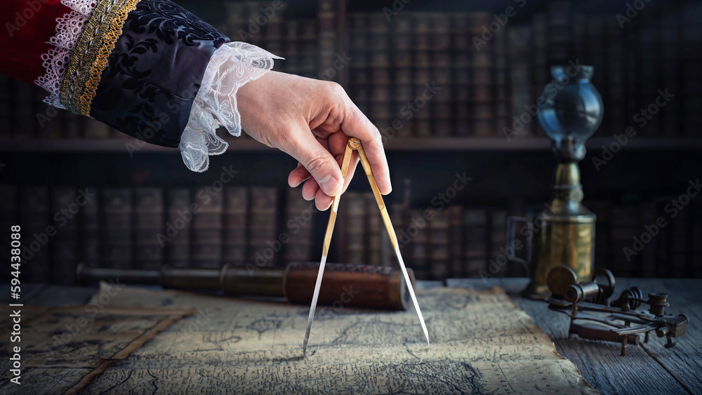 The captain of the old ship paves the course with the help of vintage ...