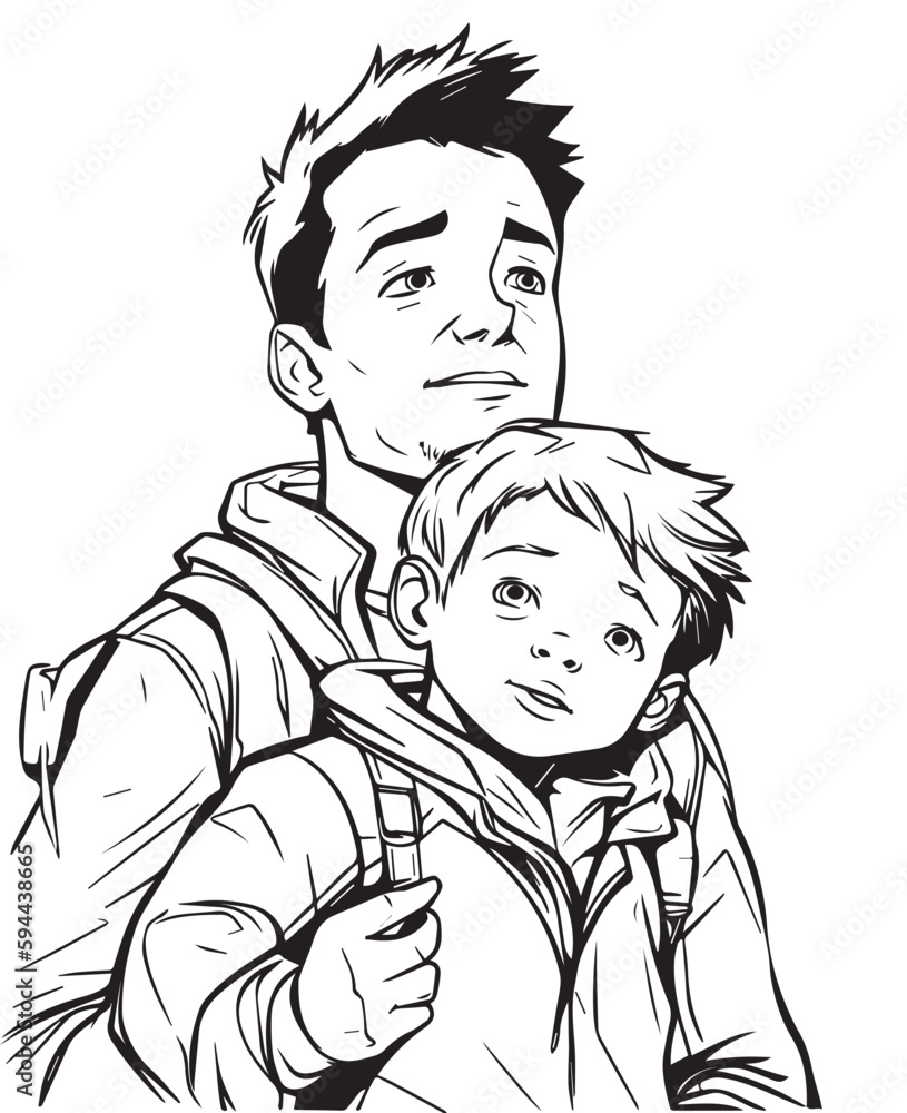 Hand drawn vector coloring page of father and son, Coloring page for ...
