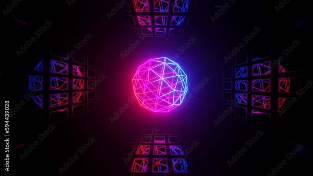 Vj loop mirror room with fly neon frame sphere structure. Abstract ...