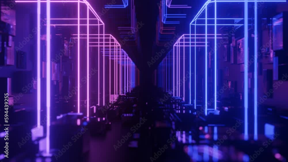 Hi-tech neon sci-fi tunel. Trendy neon glow lines form pattern and ...