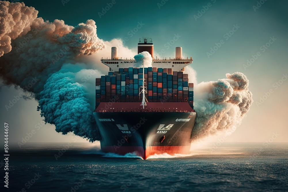 Cargo ships pollute the air with their diesel emissions. Ai generated ...