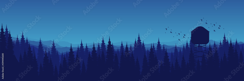 dusk sunset nature mountain landscape with forest silhouette vector ...