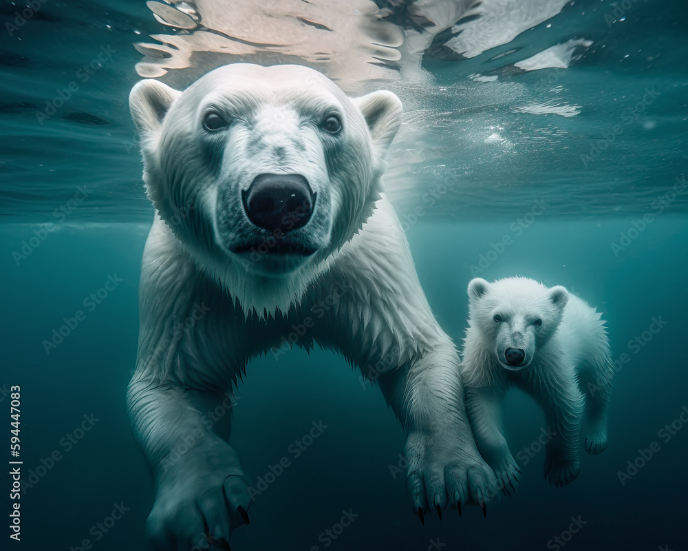 ภาพประกอบสต็อก Mama osa polar con osezno buceando en el oceano ...