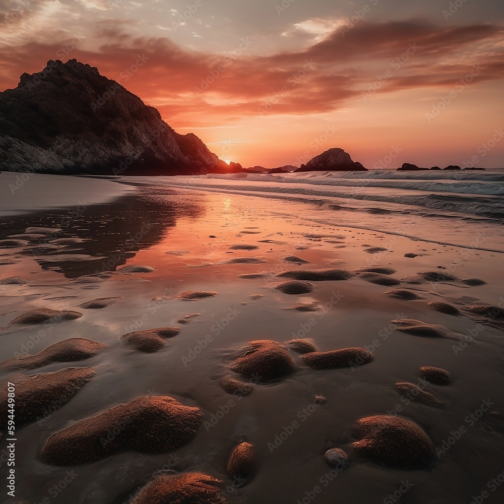 La belleza de la playa al atardecer es capturada en esta fotografía. El ...