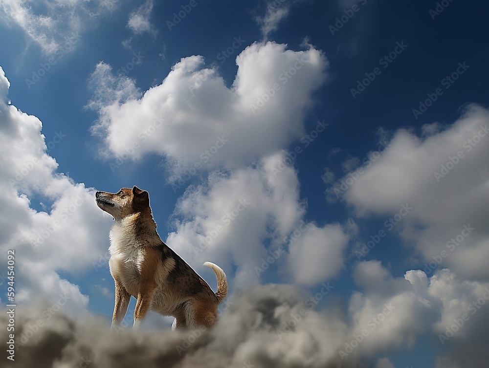 flying dog in the sky, no wings but bird posture, blue and cloudy ...