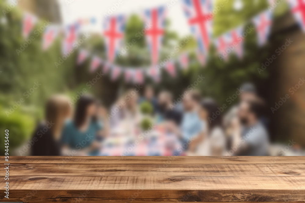 Empty wooden product display table with UK union jack garden party ...