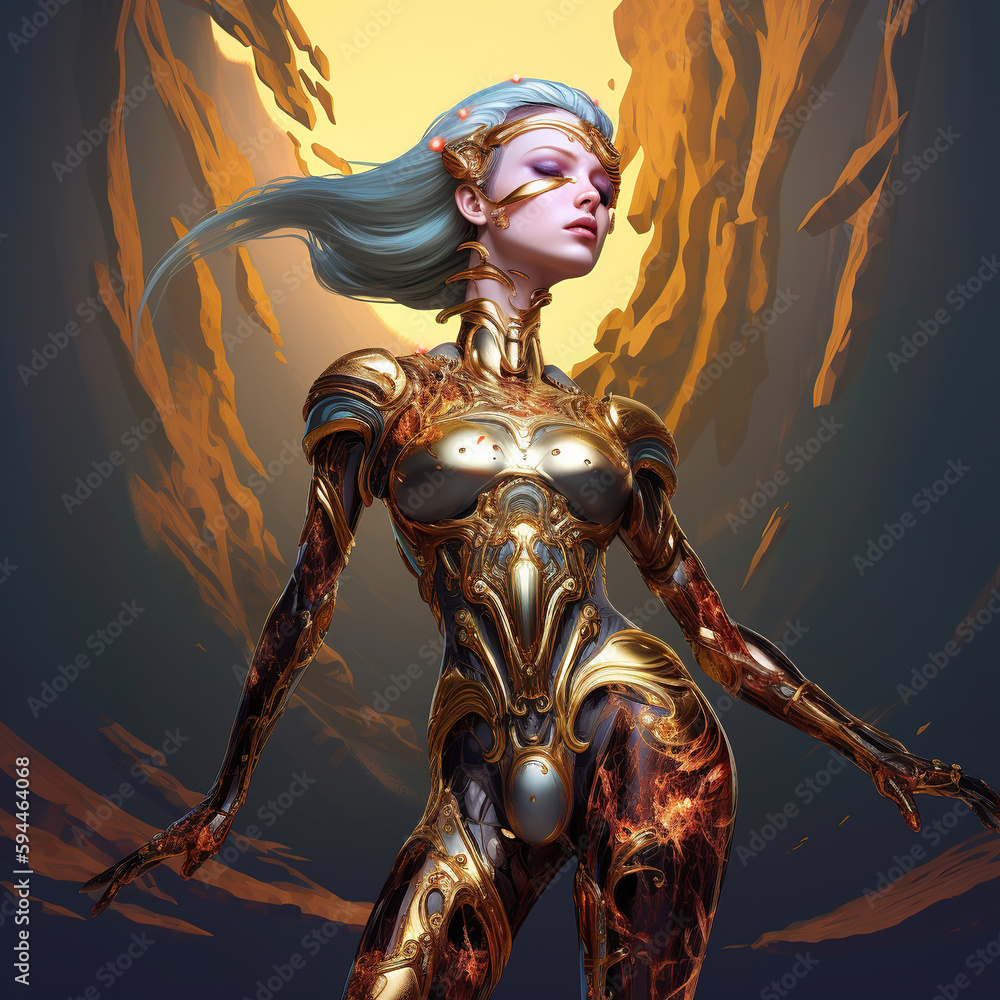 Beautiful alien girl, alien princess wearing golden armor, Fantasy creation. Generative AI ...