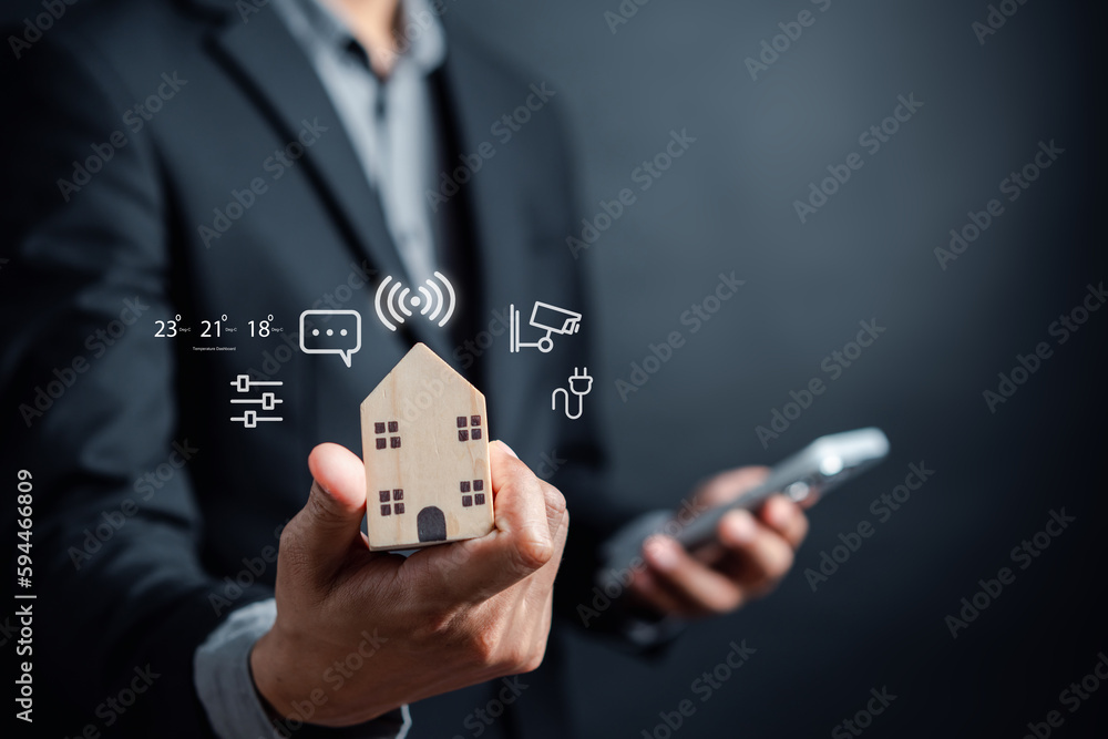 Smart home digital remote control on smartphone concept. internet of ...