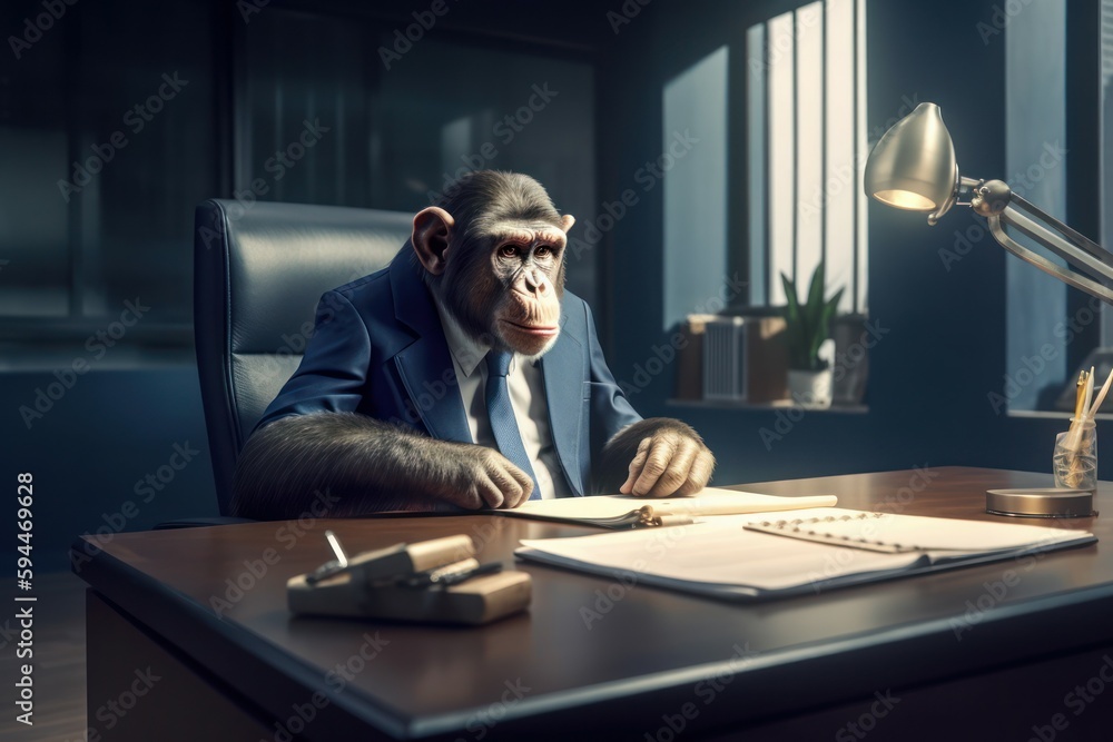 Monkey wearing suit in office. Businessman monkey sitting at office. AI ...