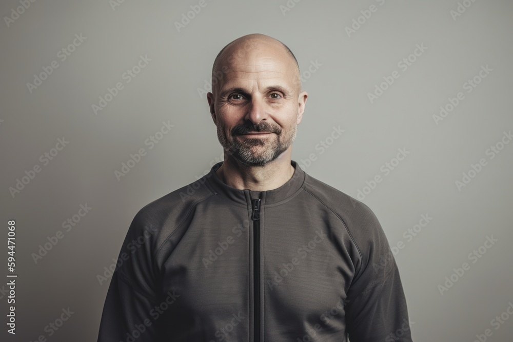Portrait of a bald man in a sweatshirt on a gray background Stock ...