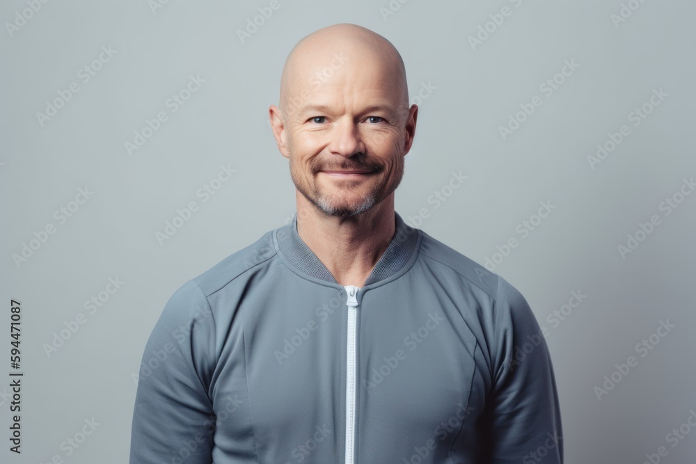 portrait of smiling bald man in sportswear, isolated on grey Stock ...