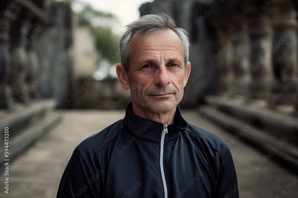 Portrait of a handsome middle-aged man in front of an ancient temple ...