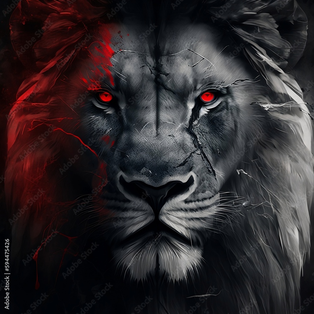 fierce black and white lion with evil red eyes with intense stare ...