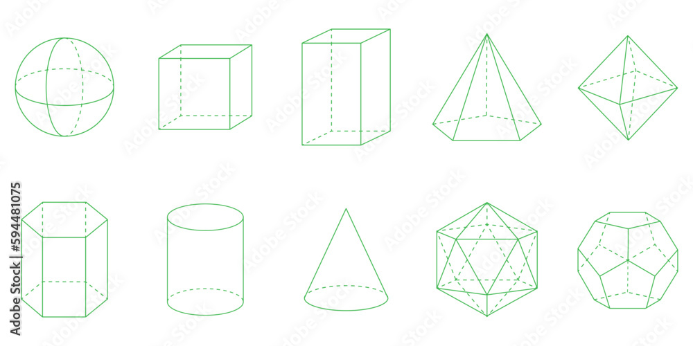 3D geometric shapes. Square, Cube, Cuboid, Pentagonal pyramid ...