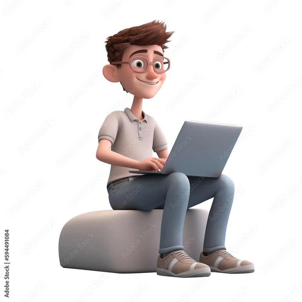 3D cartoon character cute young man sitting on sofa using laptop with ...