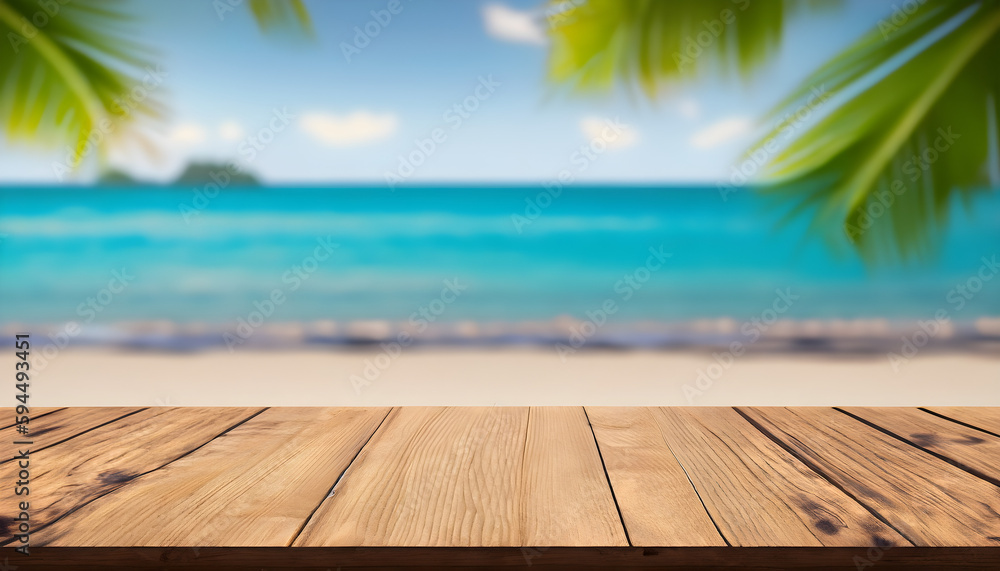 wooden table on the beach, Empty wooden table on a beautiful blured ...