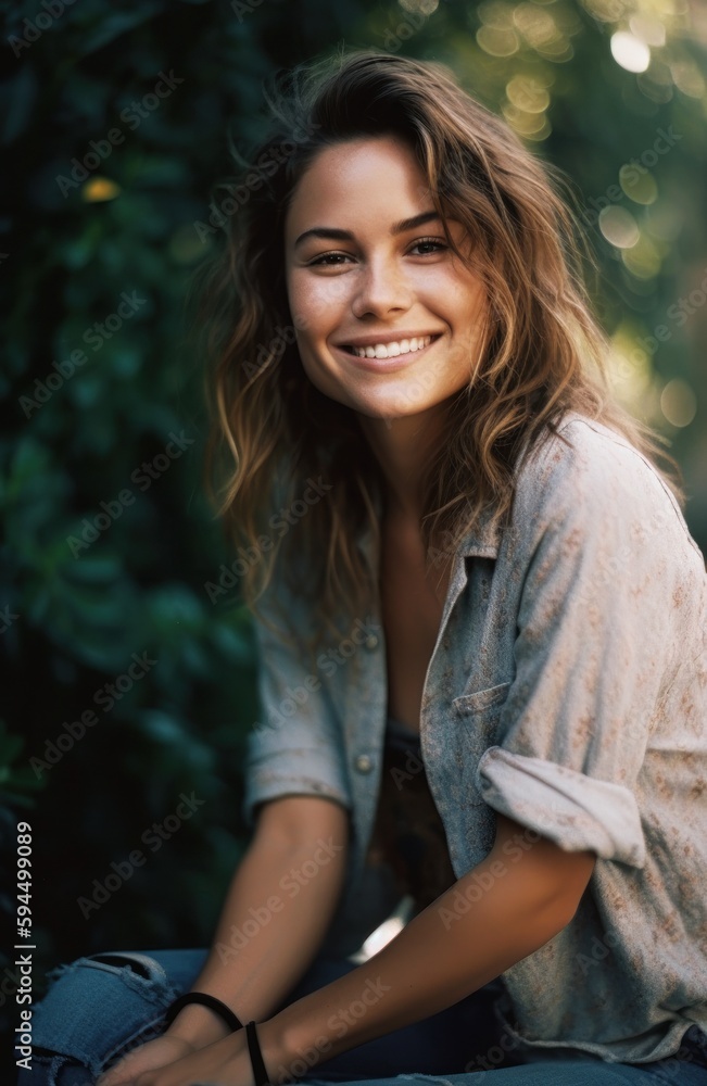 talented smiling wide hips seated portrait woman sitting bench woods ...