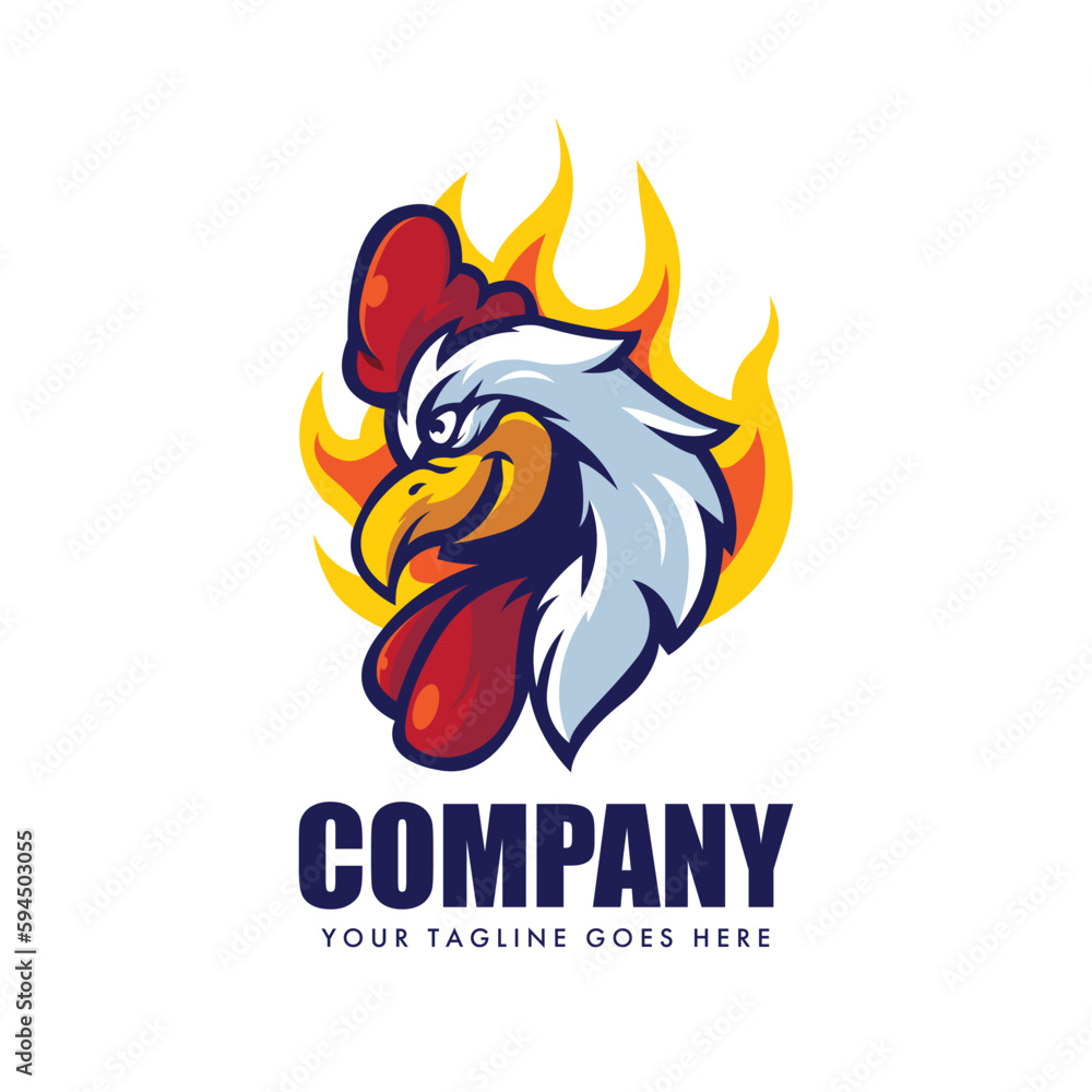 Chicken head mascot logo design vector. Rooster with fire on white ...