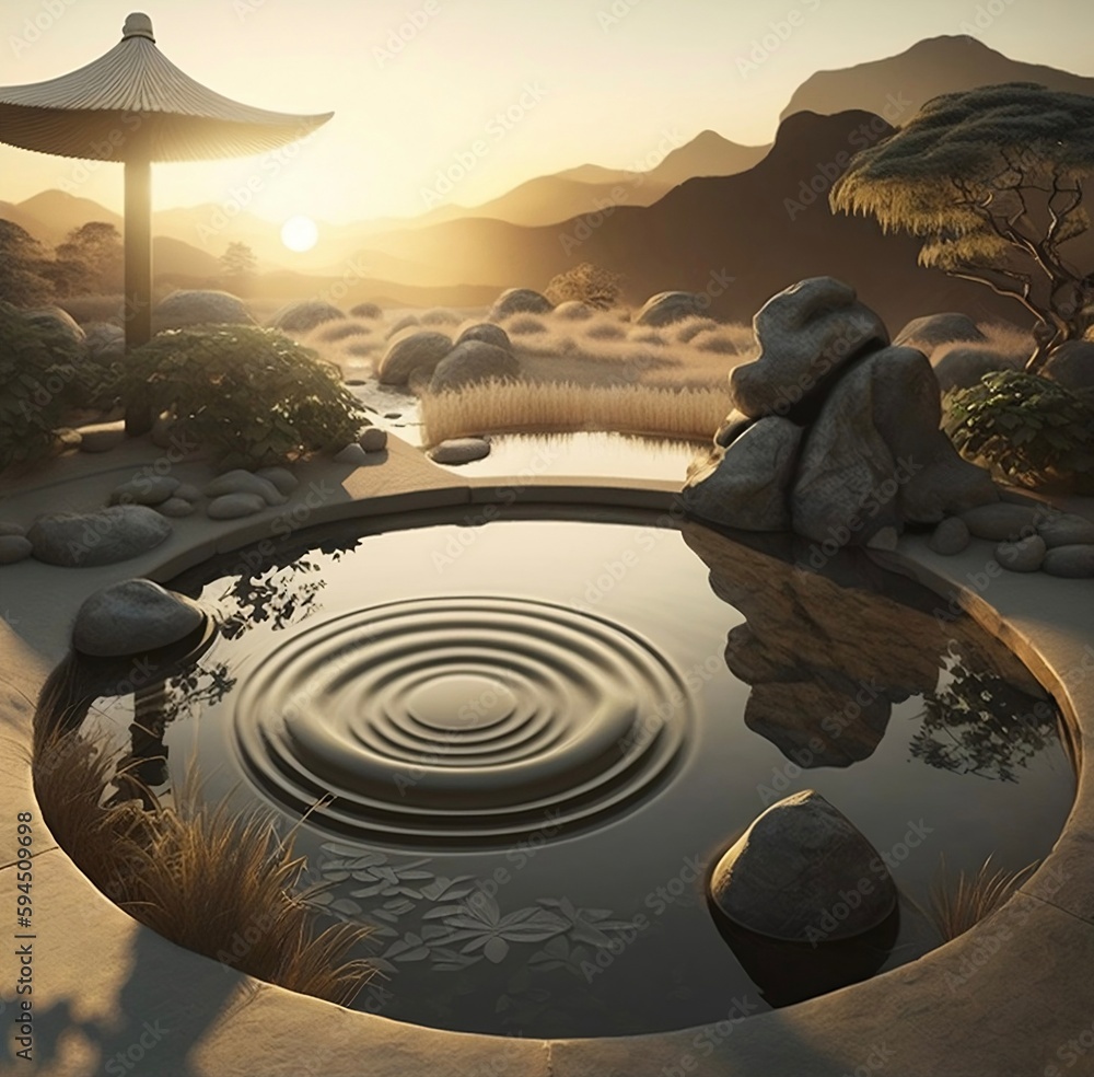 Tranquil Sunset in a Japanese Zen Garden with 3D Water Feature ...