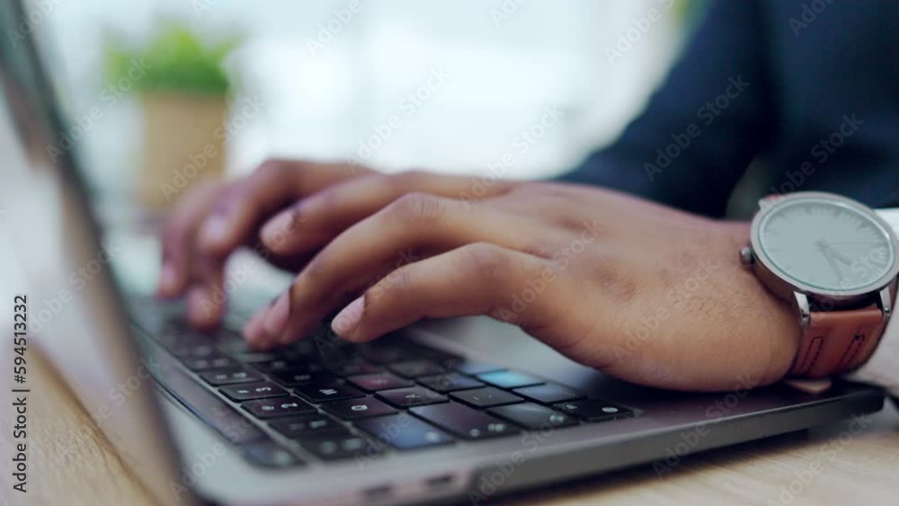 Laptop, hands typing and working in office, writing email or browsing ...