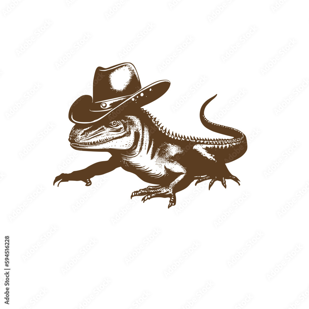Vintage logo of a lizard wearing a cowboy hat. an old-school logo of a ...