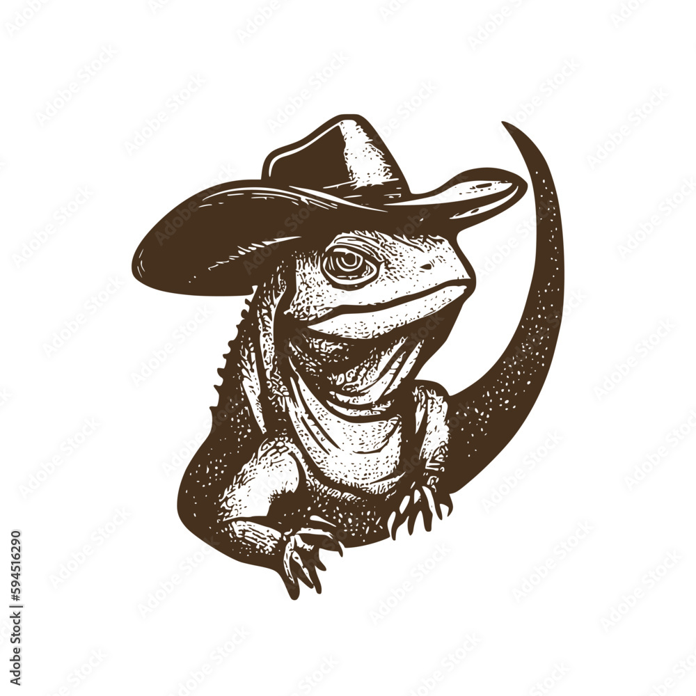 Vintage logo of a lizard wearing a cowboy hat. an old-school logo of a ...