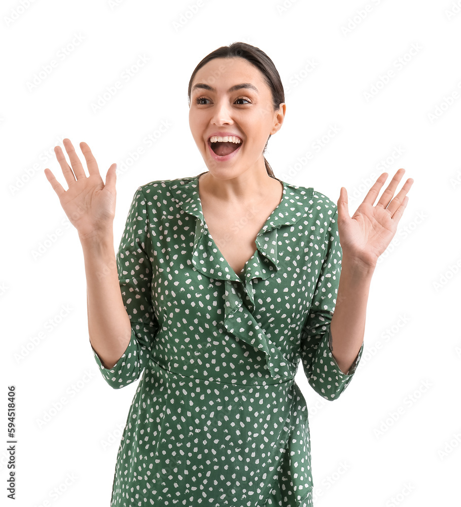 Beautiful happy young woman meeting someone on white background Stock ...