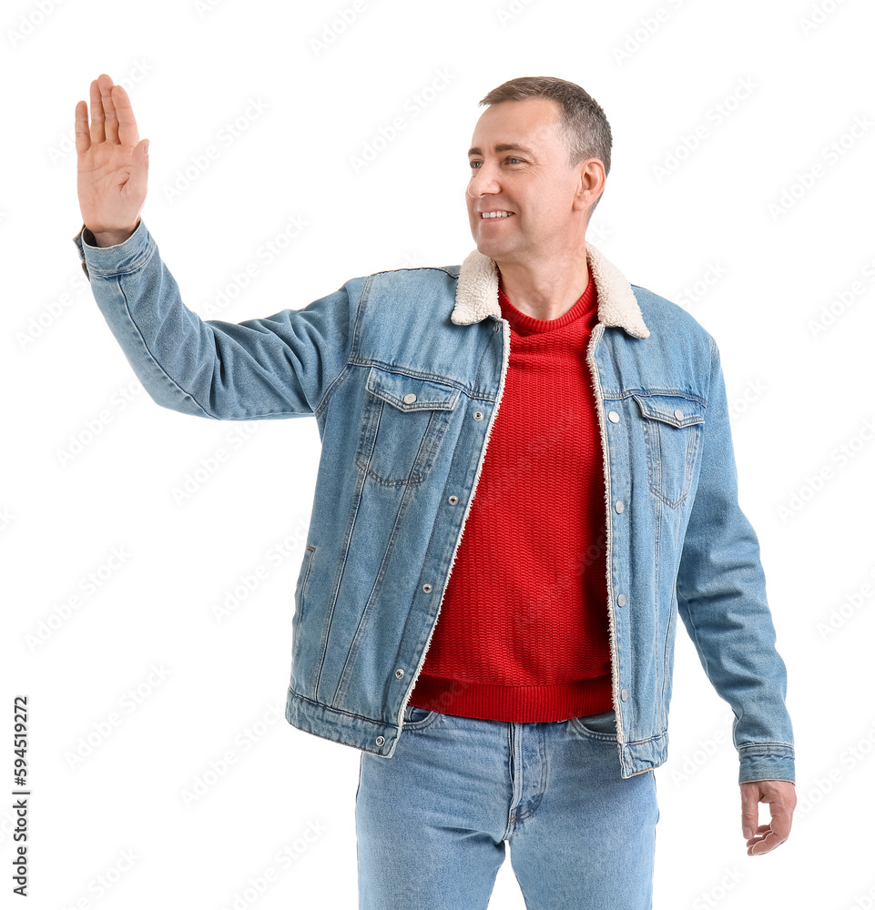 Mature man waving hand on white background. Hello concept Stock Photo ...