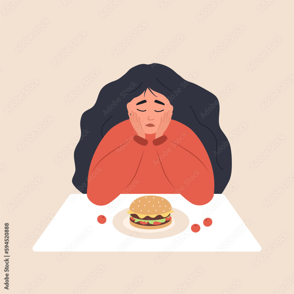 Eating disorder. Sad woman looks at hamburger and worries about being ...