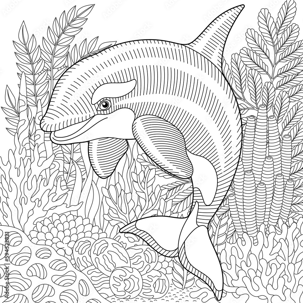 Underwater scene with a dolphin. Adult coloring book page with ...