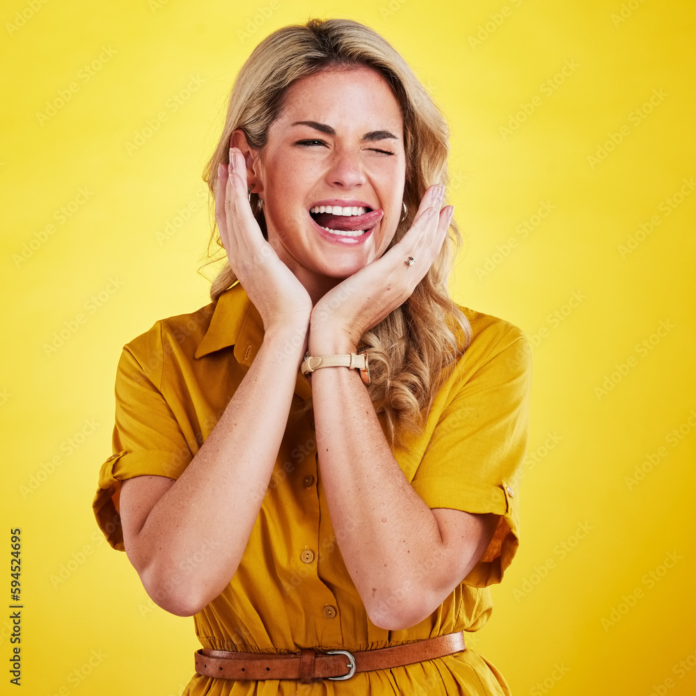 Woman, comic face and sticking out tongue in studio for a funny ...
