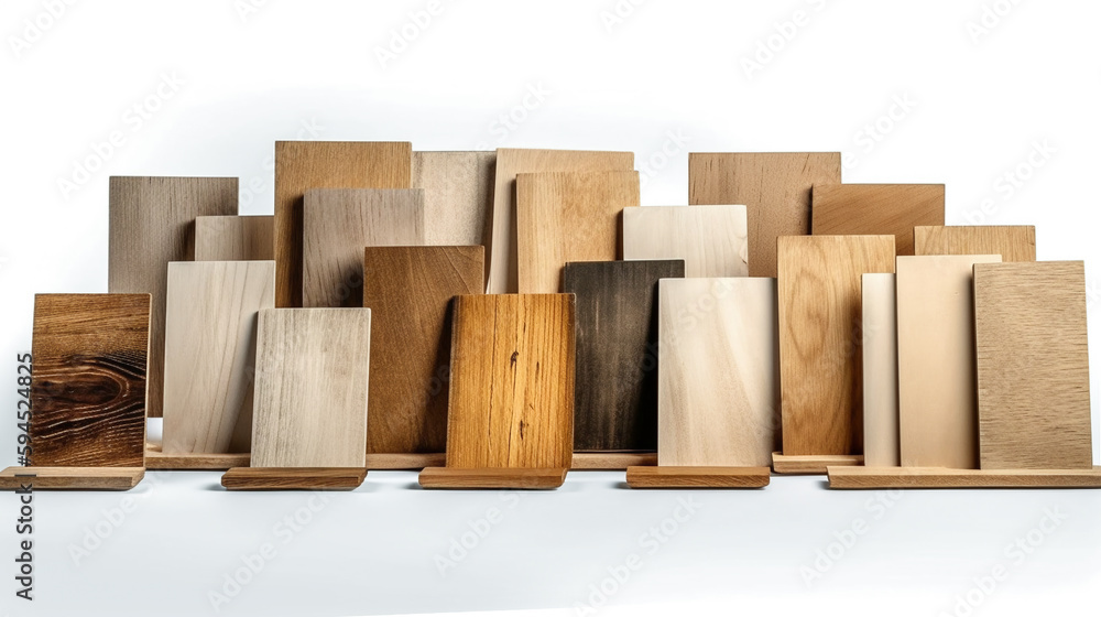 Collection of different wood planks sit in front of wall. Wood samples ...
