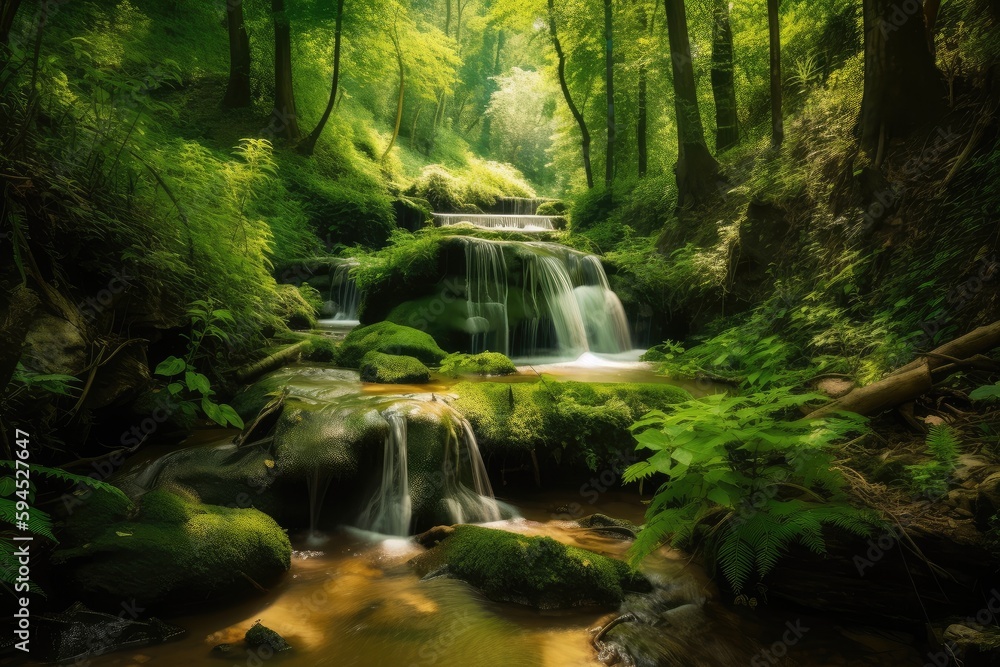 forest oasis with waterfalls and cascading streams, surrounded by ...