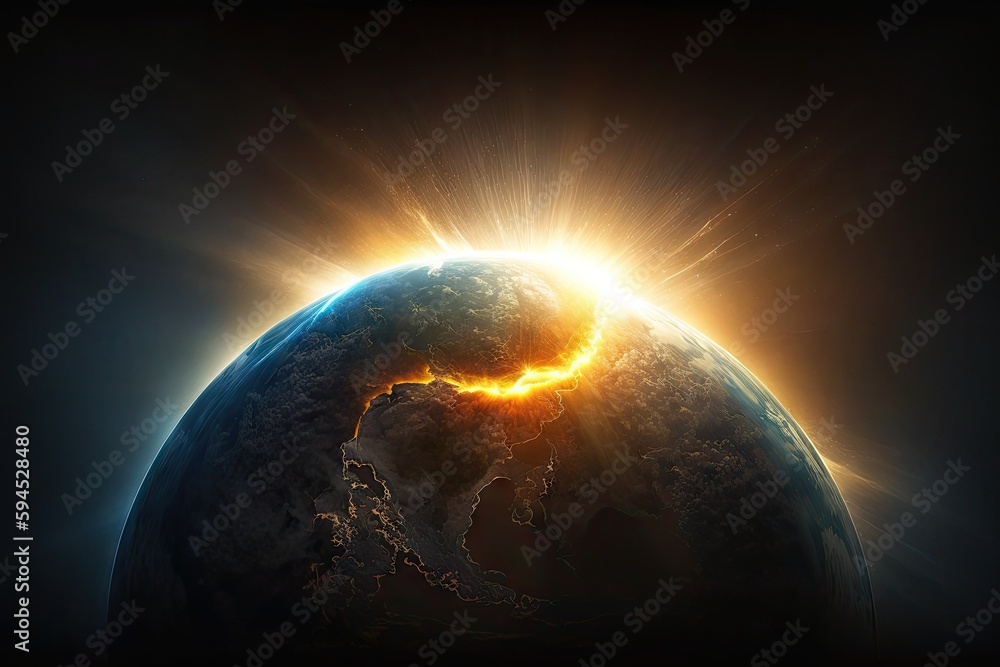 a sunrise over a globe, with rays of light emanating from the east and ...