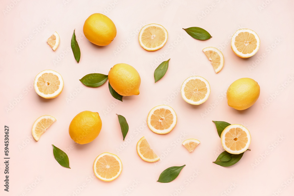 Composition with fresh lemons on pink background Stock Photo | Adobe Stock