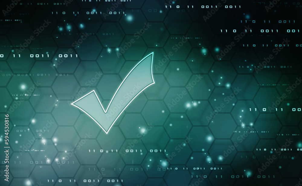 ภาพประกอบสต็อก Check mark symbol in digital background, Technology ...