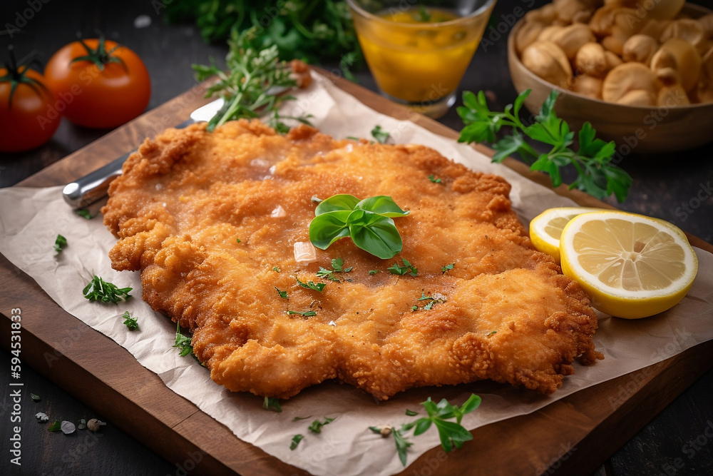 German Schnitzel, a breaded fried slice of meat. Generative AI ...