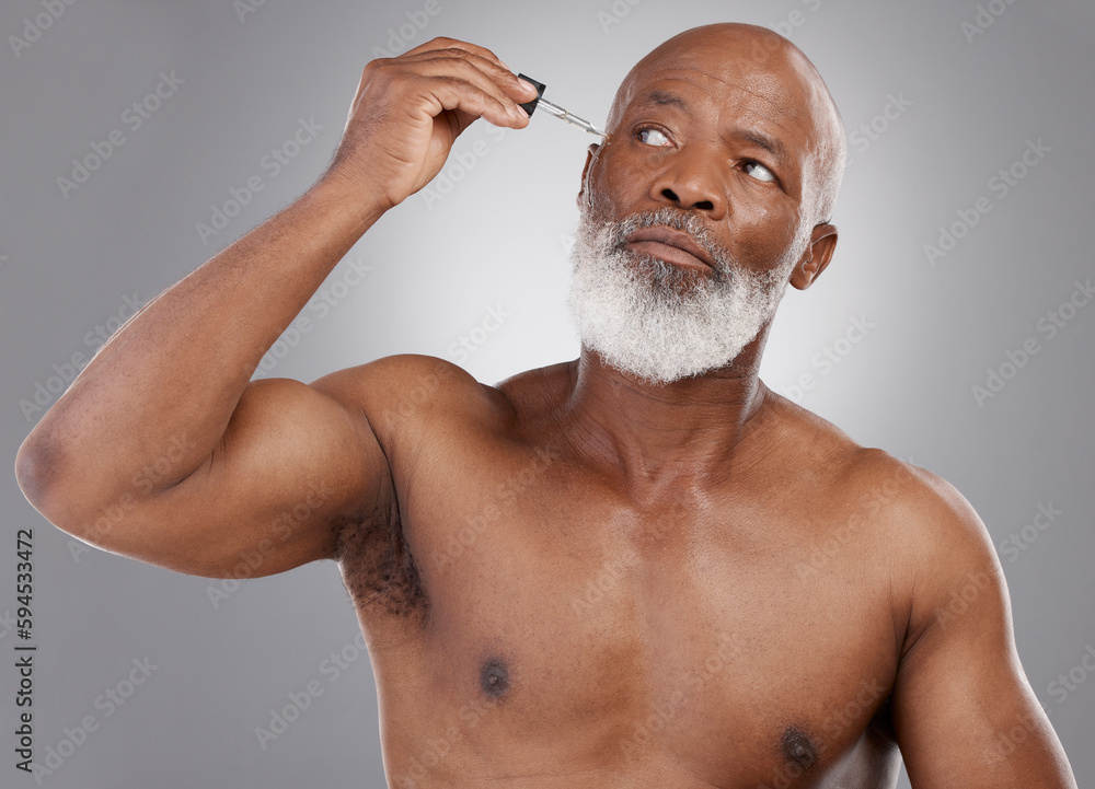 Skincare, serum and face of senior black man for wellness, cosmetics ...