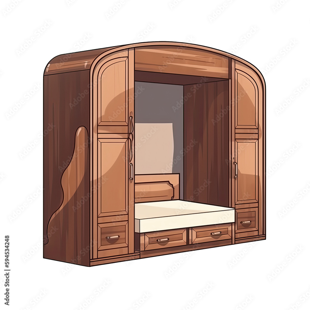 Murphy Bed With Storage In Cartoon Style Stiker On White Background On ...