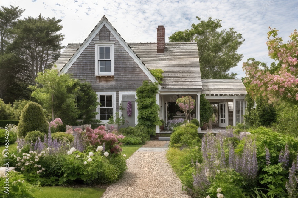 cape cod house with gabled roof and window boxes on exterior, created ...