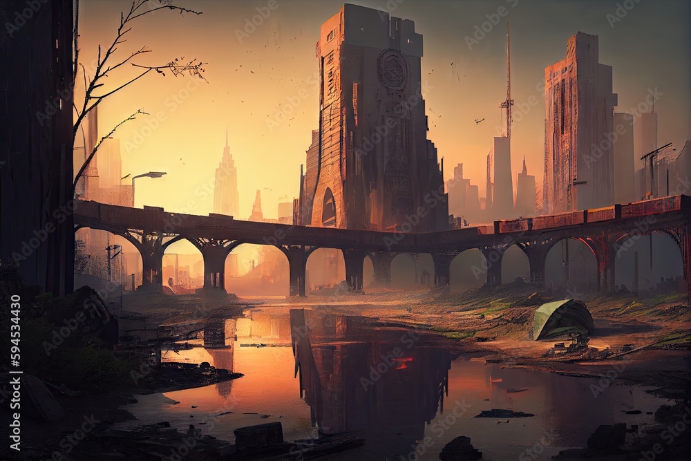 postapocalyptic city, with view of ruined skyscrapers and broken ...