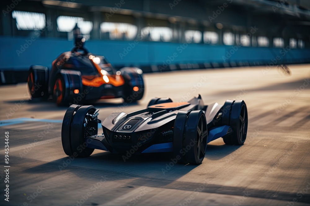 ภาพประกอบสต็อก autonomous vehicle and drone racing side by side on ...