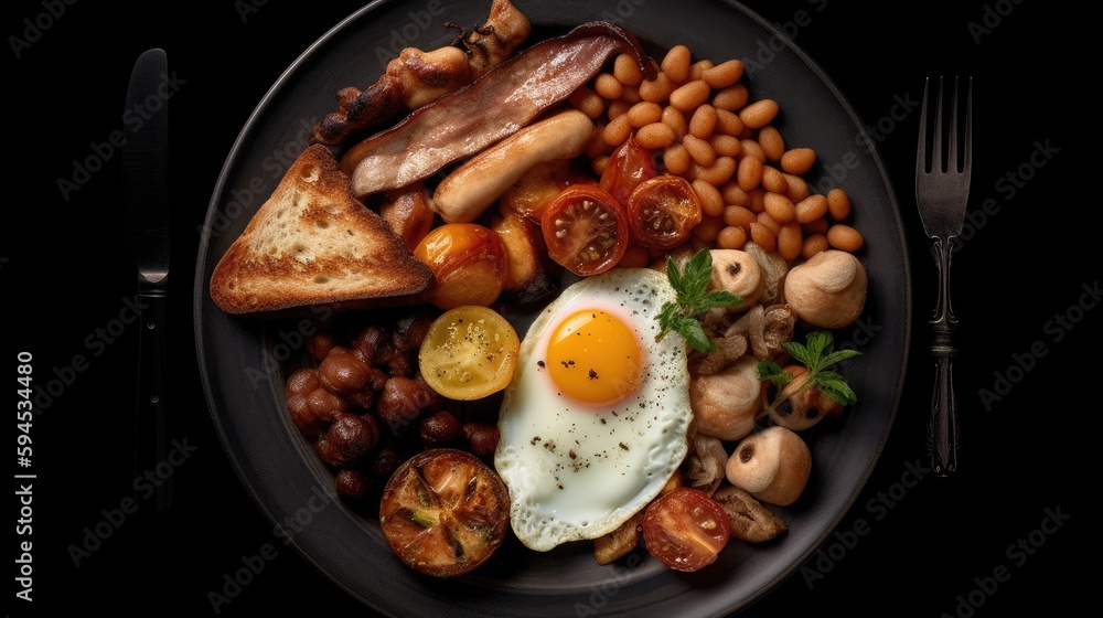 Full fry up English breakfast with fried eggs, sausages, bacon, black ...