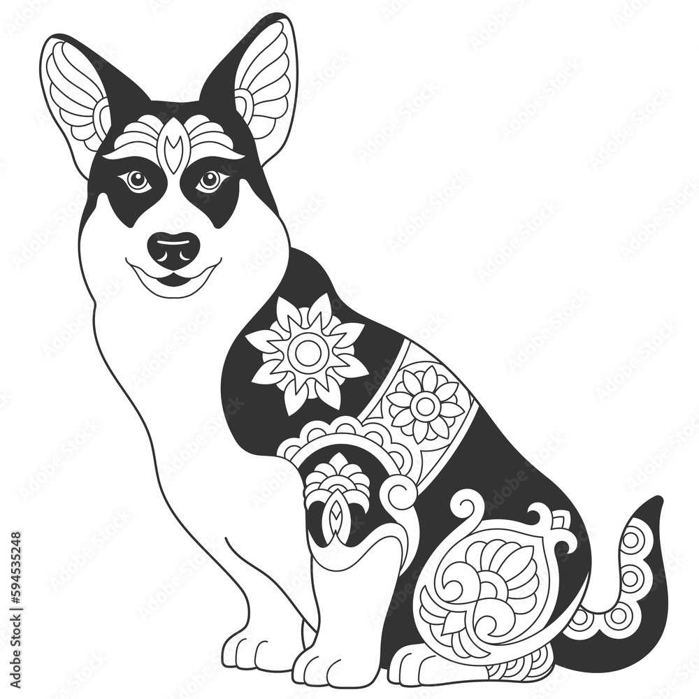 Cute corgi dog design. Animal coloring page with mandala and zentangle ...