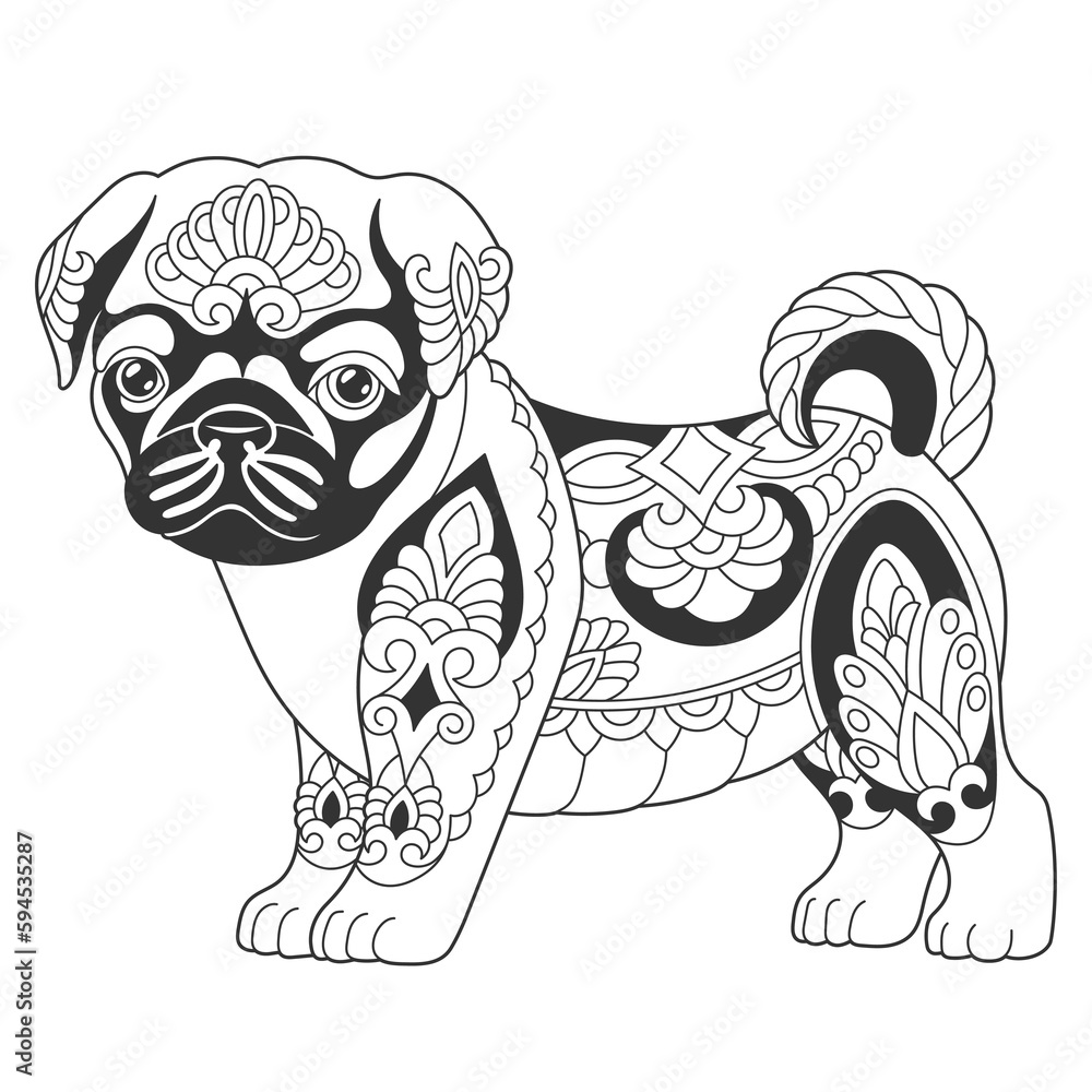 Cute pug dog design. Animal coloring page with mandala and zentangle ...